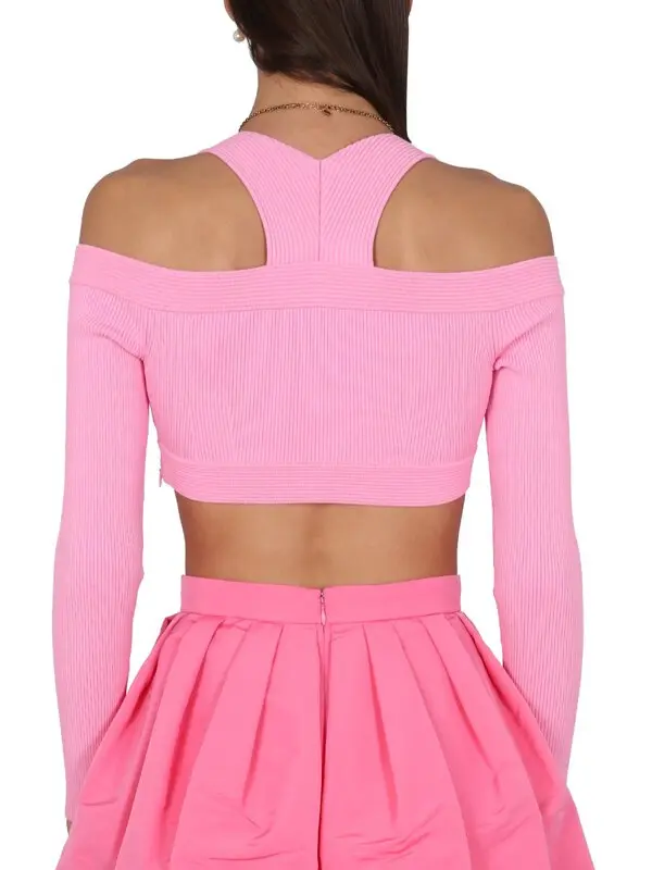 Alexander McQueen Cropped Ribbed Knit Top With Cold Shoulder Detail