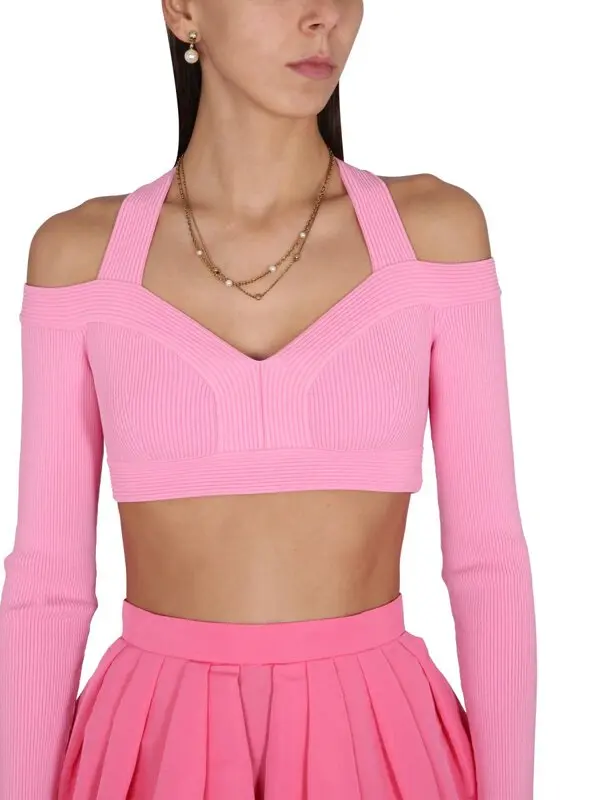 Alexander McQueen Cropped Ribbed Knit Top With Cold Shoulder Detail