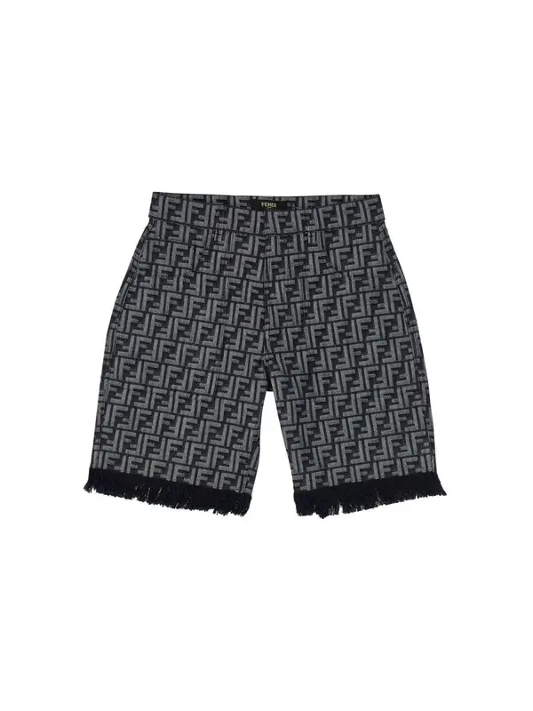 Fendi Ff Monogram Denim Bermuda Shorts With Frayed Hem - Multicolor