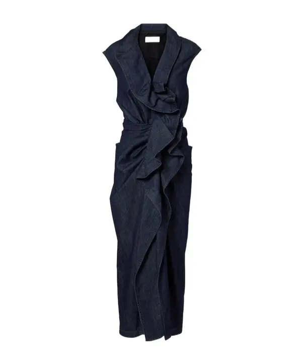 Dries Van Noten Ruffle Detailed Midi Denim Dress