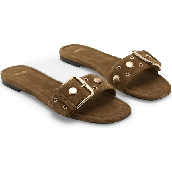 Mango Studded Buckle Strap Slide Sandals - Sand