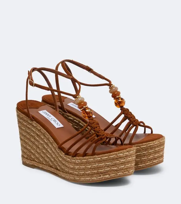JIMMY CHOO Embellished Suede Espadrille Wedge Sandals