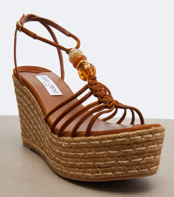 JIMMY CHOO Embellished Suede Espadrille Wedge Sandals