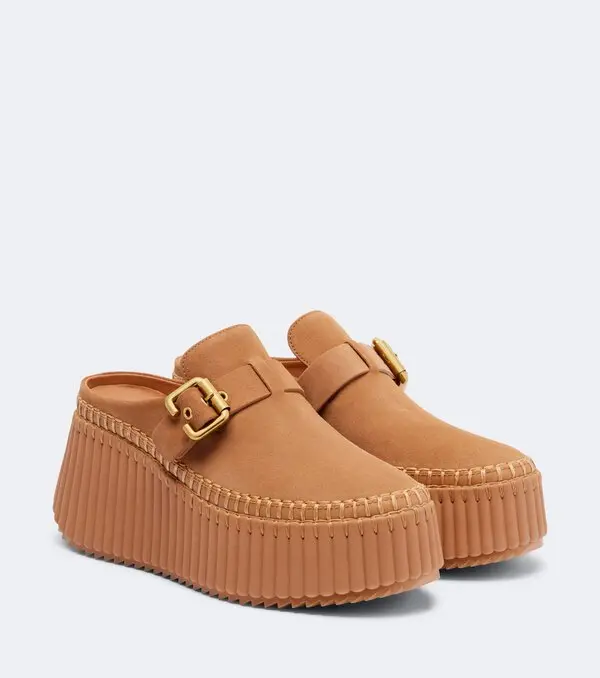 Chloé Nama Leather Platform Mules - Brown