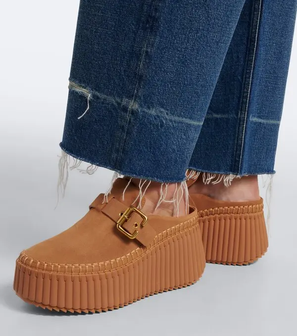 Chloé Nama Leather Platform Mules - Brown