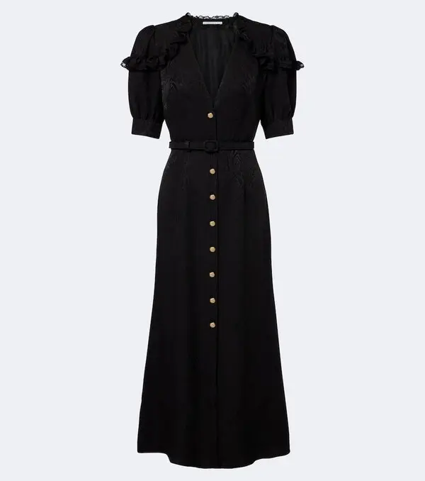 Alessandra Rich Belted Silk Jacquard Midi Dress - Black