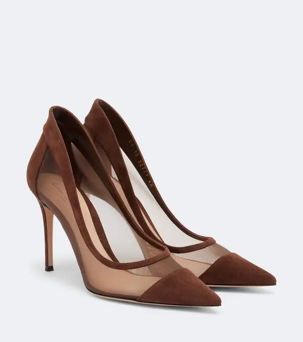 GIANVITO ROSSI Pointed Toe Suede And Mesh Pumps - Brown