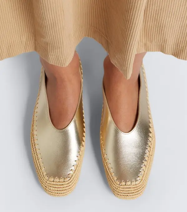 Gabriela Hearst Strength Raffia-trimmed Metallic Leather Flats