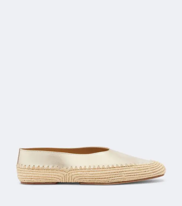 Gabriela Hearst Strength Raffia-trimmed Metallic Leather Flats