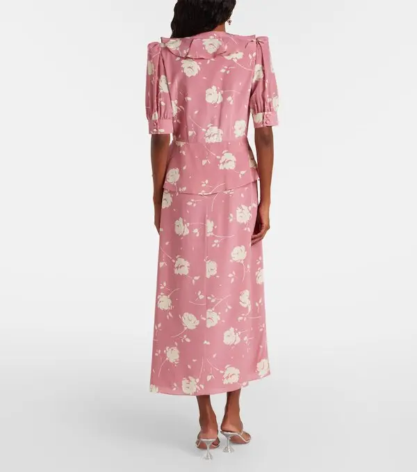 Alessandra Rich Floral Ruffled Silk Midi Dress - Pink