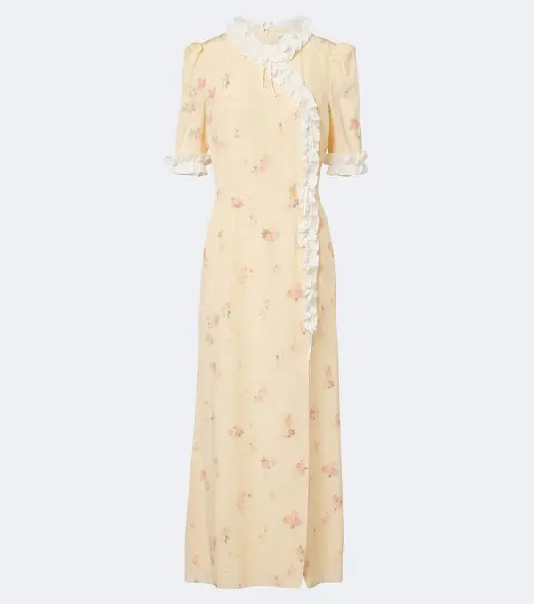 Alessandra Rich Floral Ruffled Silk Midi Dress - Yellow