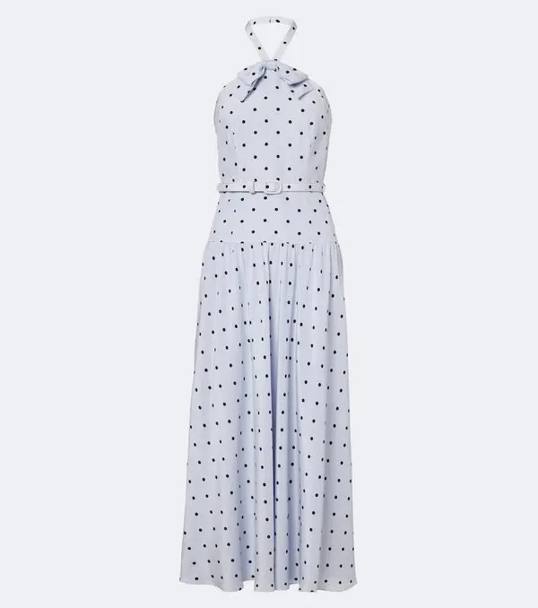 Alessandra Rich Belted Polka-dot Halterneck Silk Midi Dress - Blue