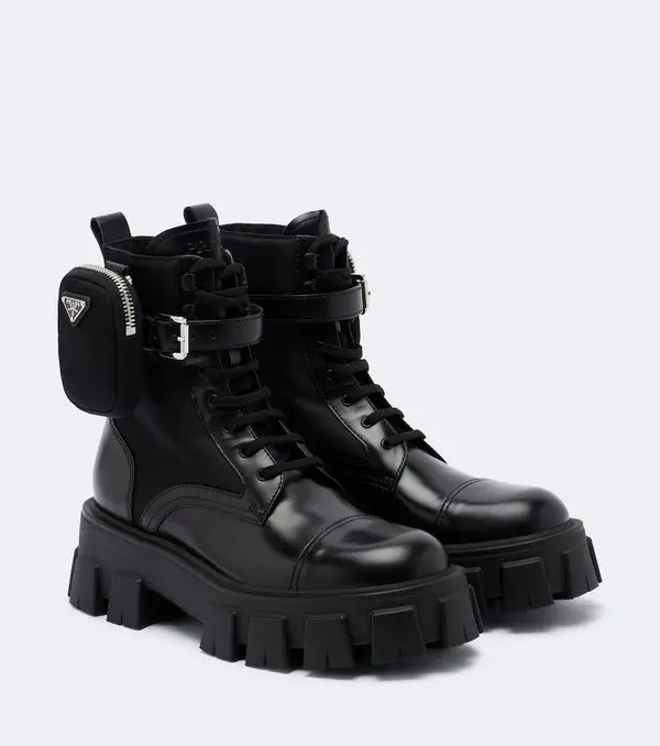 Prada Monolith Leather Ankle Boots - Black