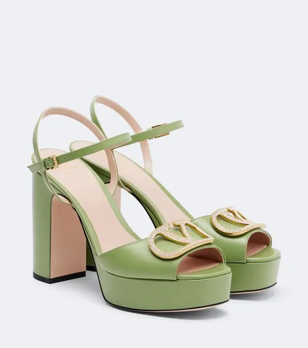 Valentino Garavani Vlogo Embellished Leather Platform Sandals - Green