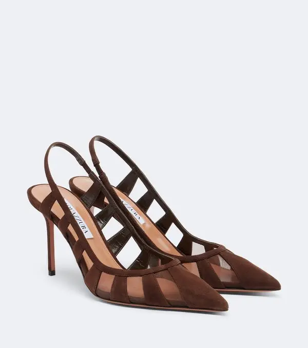 AQUAZZURA Suede And Mesh Slingback Pumps - Brown