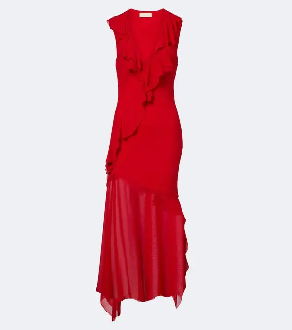 DE LA VALI Baila Floral Georgette Midi Dress - Red