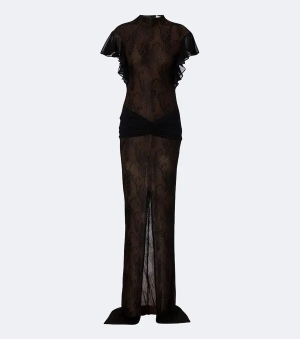 DE LA VALI Omero Ruched Lace Maxi Dress - Black