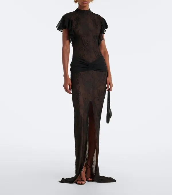 DE LA VALI Omero Ruched Lace Maxi Dress - Black