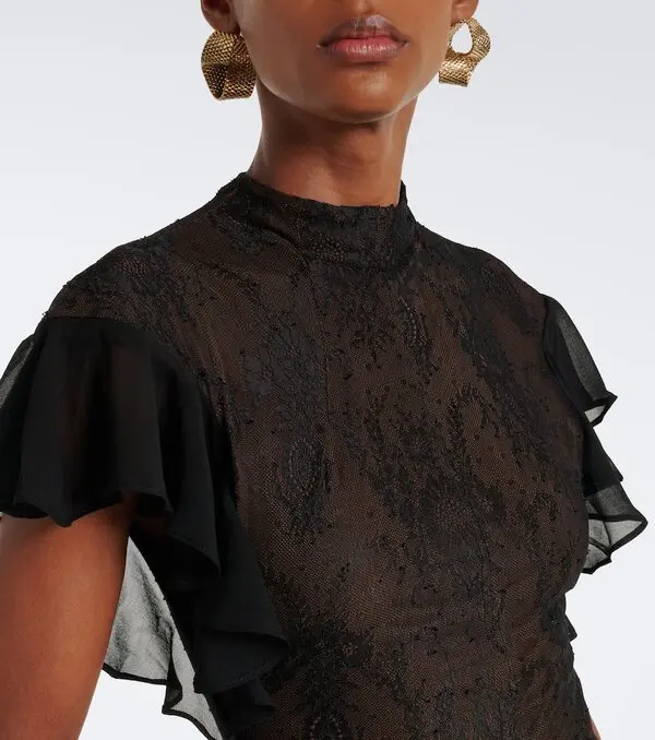 DE LA VALI Omero Ruched Lace Maxi Dress - Black