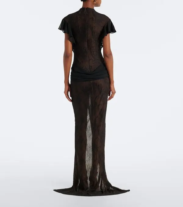 DE LA VALI Omero Ruched Lace Maxi Dress - Black