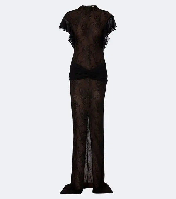 DE LA VALI Omero Ruched Lace Maxi Dress - Black