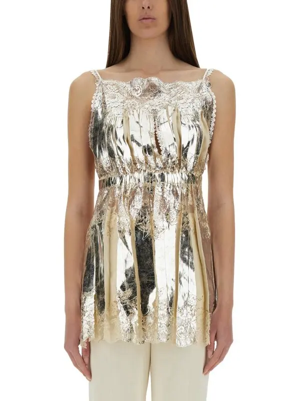 Rabanne Laminated Pleated Satin Top - Cream
