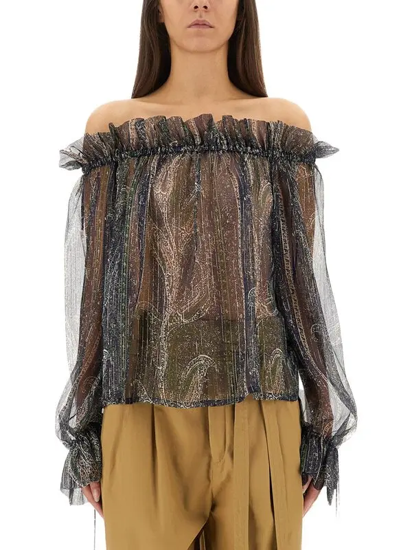Saint Laurent Lurex Silk Creponne Off-the-shoulder Blouse - Blue