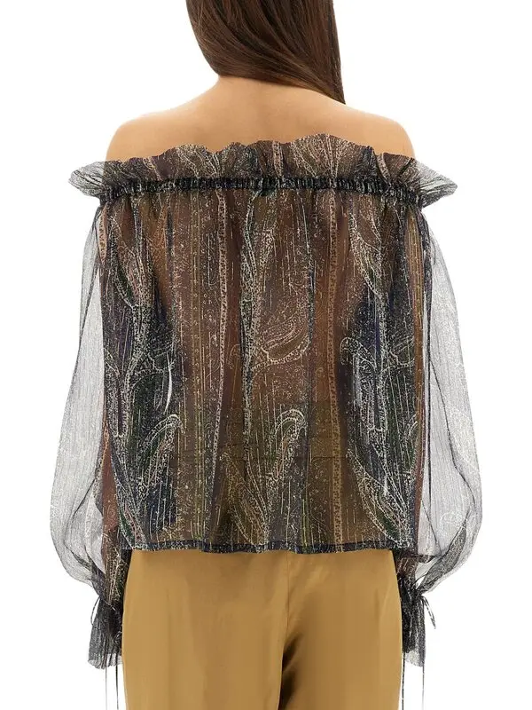 Saint Laurent Lurex Silk Creponne Off-the-shoulder Blouse - Blue