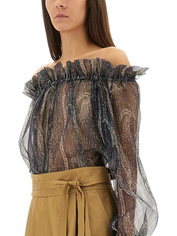Saint Laurent Lurex Silk Creponne Off-the-shoulder Blouse - Blue