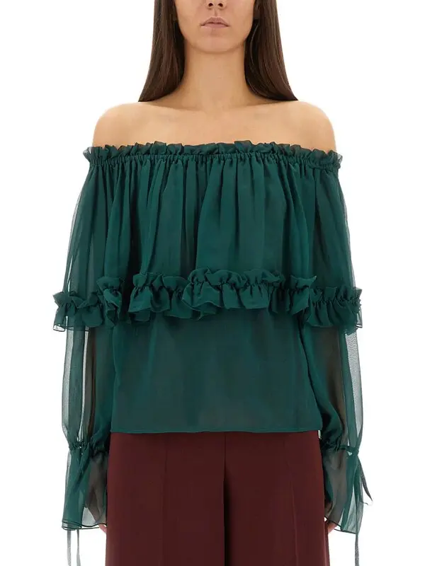 Saint Laurent Off-the-shoulder Ruffled Silk Blouse - Green