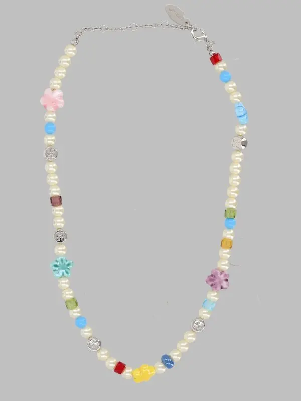 Off-White Brass Necklace With Pearl And Multi-color Accents - Silver