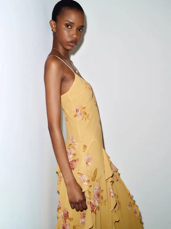 REFORMATION Allissa Floral Ruffled Midi Dress - Yellow