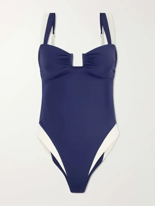 AWAY THAT DAY Cannes Two-tone Gathered Recycled Stretch Swimsuit - Navy