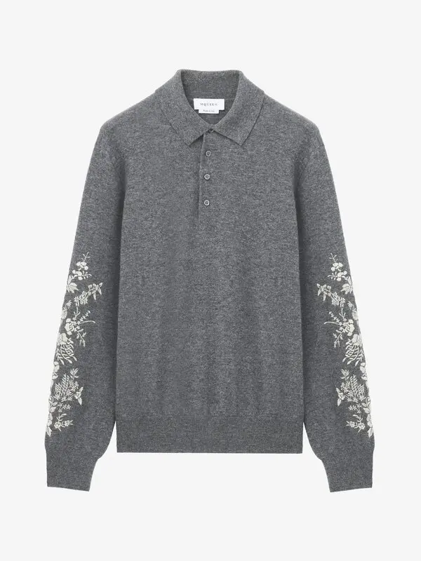 Alexander McQueen Floral Embroidery Polo Shirt - Grey