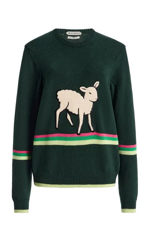 JW Anderson Sheep Applique Crew Neck Sweater - Green