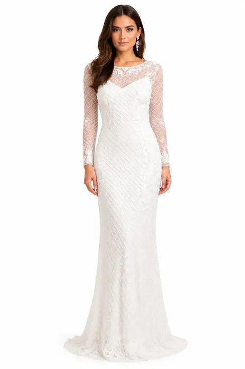 LARA NEW YORK Beaded Faux-wrap V-neck Bridal Gown - Ivory