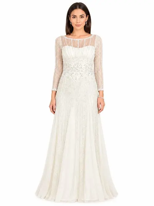LARA NEW YORK Beaded Faux-wrap V-neck Bridal Gown - Ivory