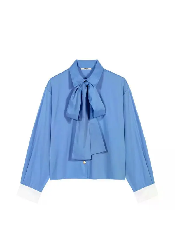 Maje Cropped Cotton Pussy Bow Shirt