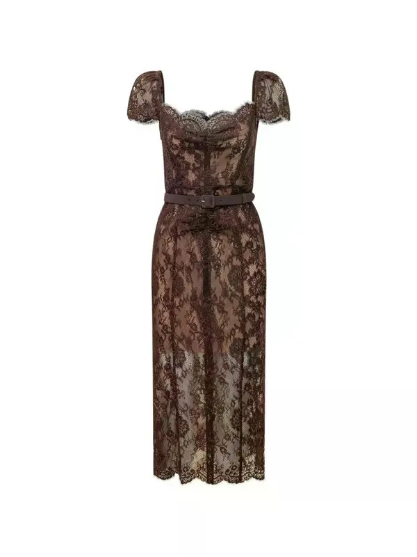 SELF-PORTRAIT Belted Floral-lace Midi Dress - Brown