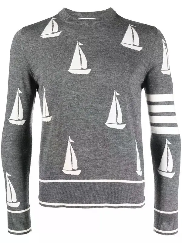 Thom Browne Merino Wool Sailboat Intarsia Sweater - Grey