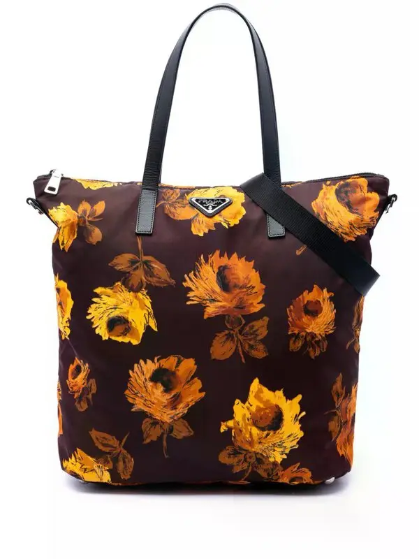 Prada Printed Tessuto Satchel - Brown