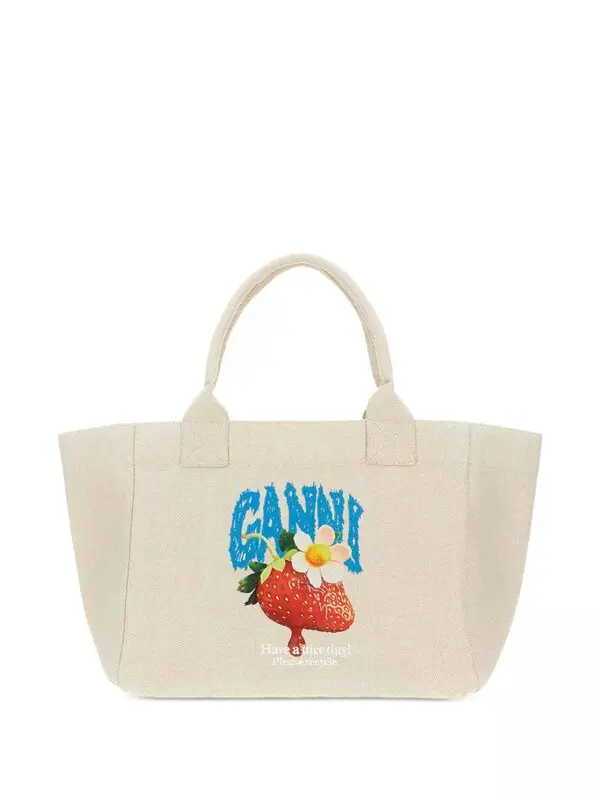 GANNI Cotton Tote Bag With Strawberry Print