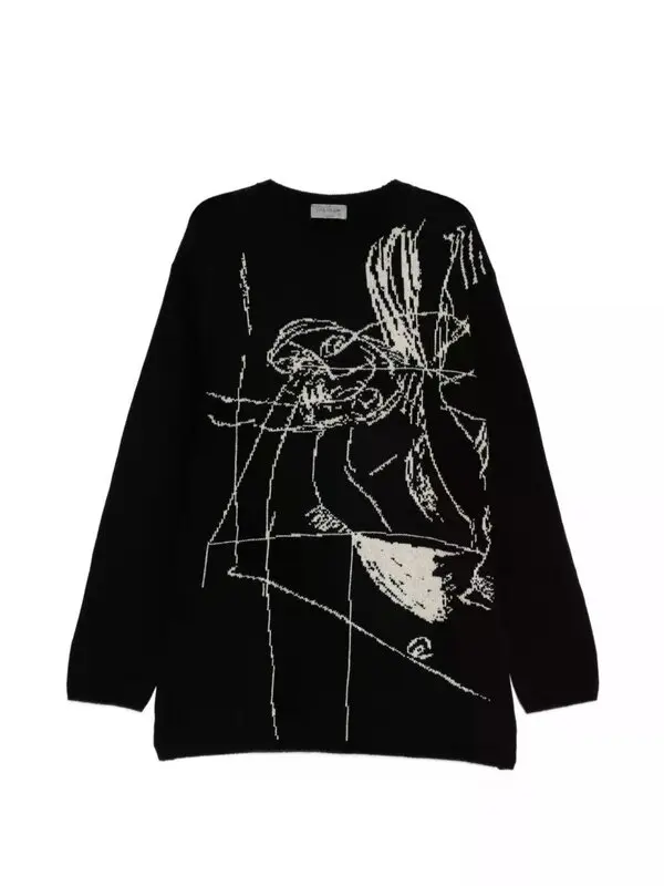 Yohji Yamamoto Intarsia Applique Crew Neck Sweater