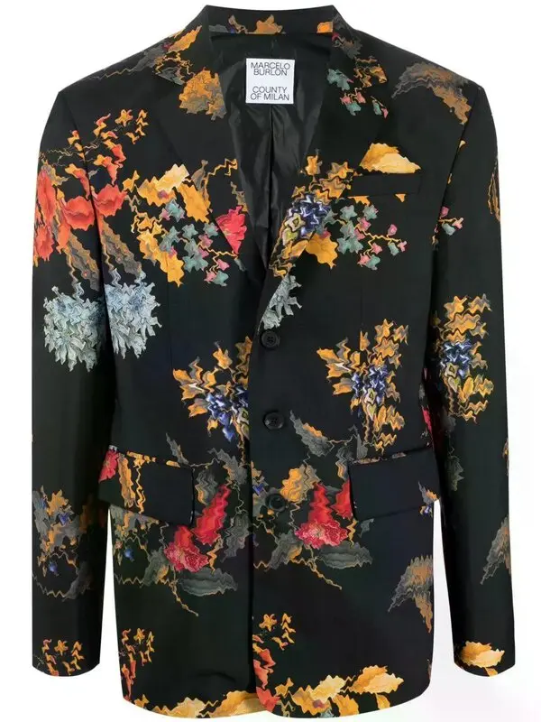 COUNTY OF MILAN Floral-print Single-breasted Blazer - Black