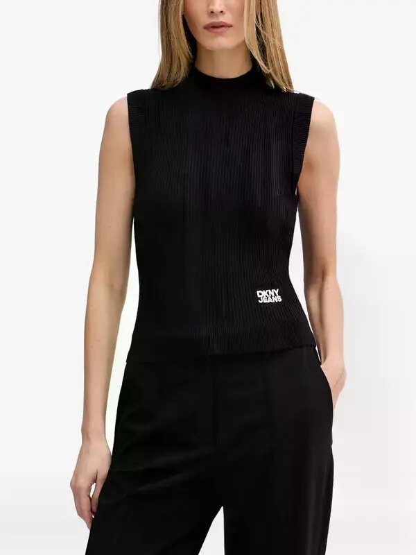 Dkny Ribbed Knit Sleeveless High Neck Top With Logo Patch