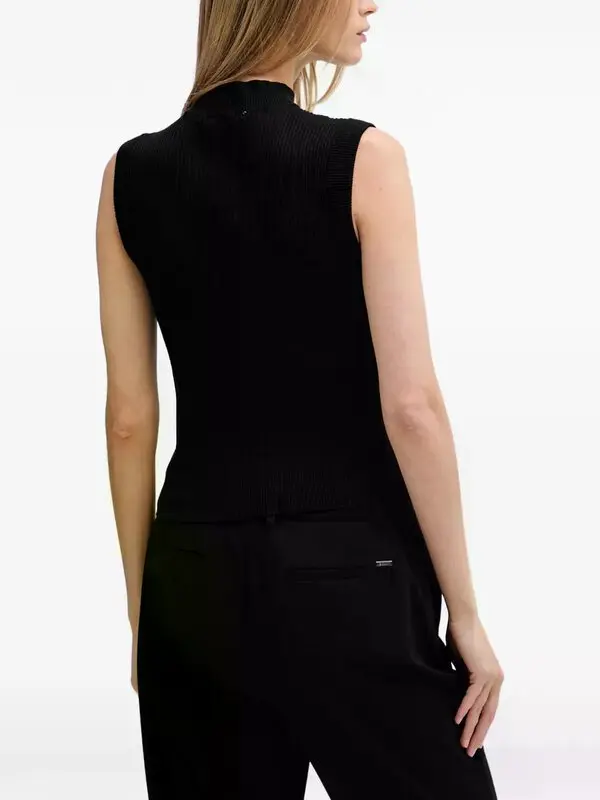 Dkny Ribbed Knit Sleeveless High Neck Top With Logo Patch