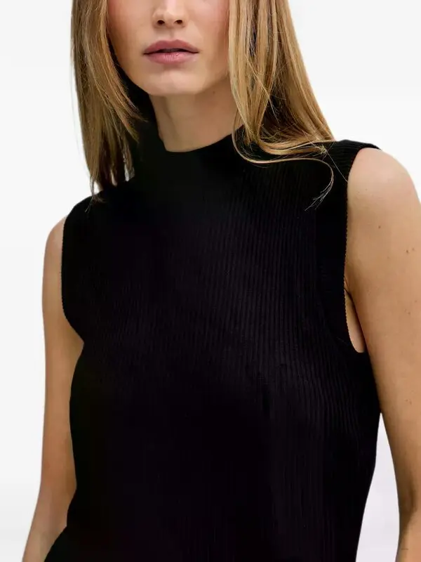 Dkny Ribbed Knit Sleeveless High Neck Top With Logo Patch