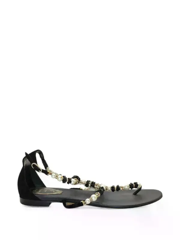 Rene Caovilla Pearl And Crystal Embellished T-strap Sandals - Black