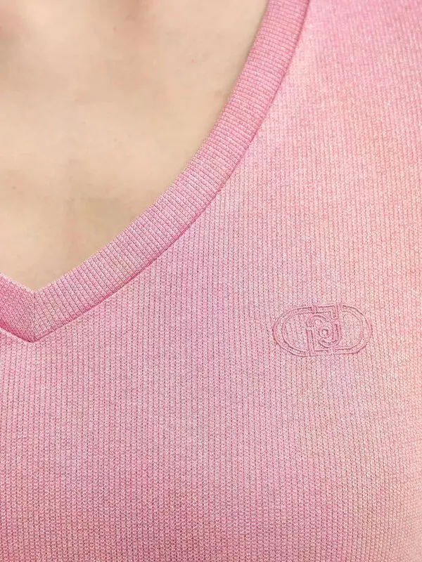 Liu Jo Logo Embroidered V-neck Metallic T-shirt - Pink