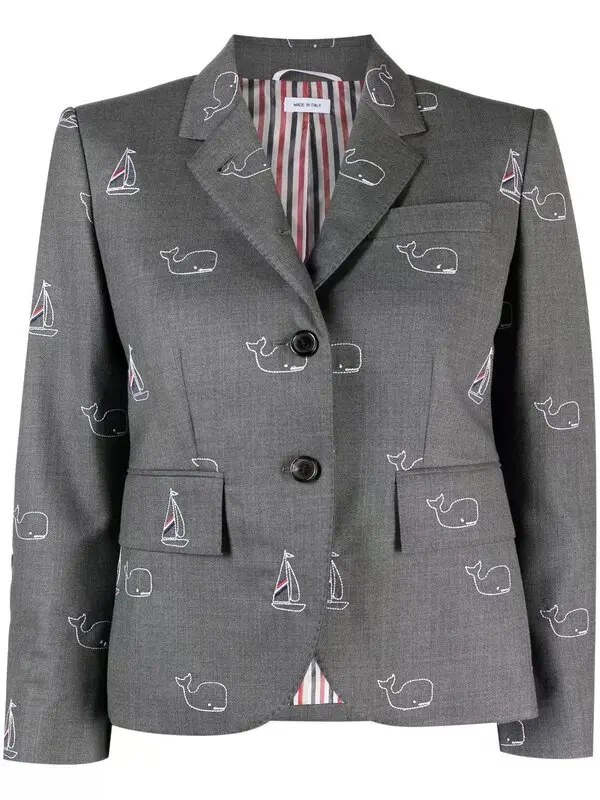 Thom Browne Motif-embroidered Single-breasted Blazer - Grey